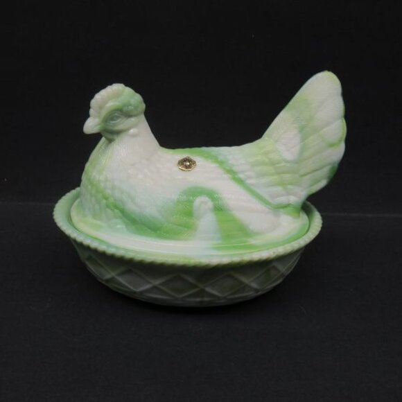Slag Glass | Accents | Westmoreland Green Slag 8 Inch Hen On Basket ...